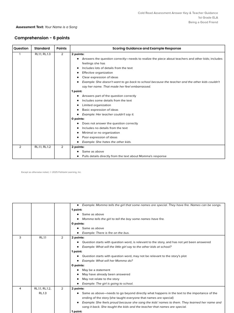 Grade 1 Being a Good Friend Cold Read Assessment Answer Key and Teacher ...
