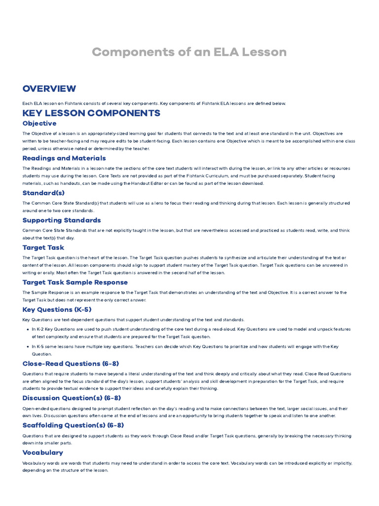 Key Components of Fishtank ELA Lessons | PDF | Vocabulary | Teachers