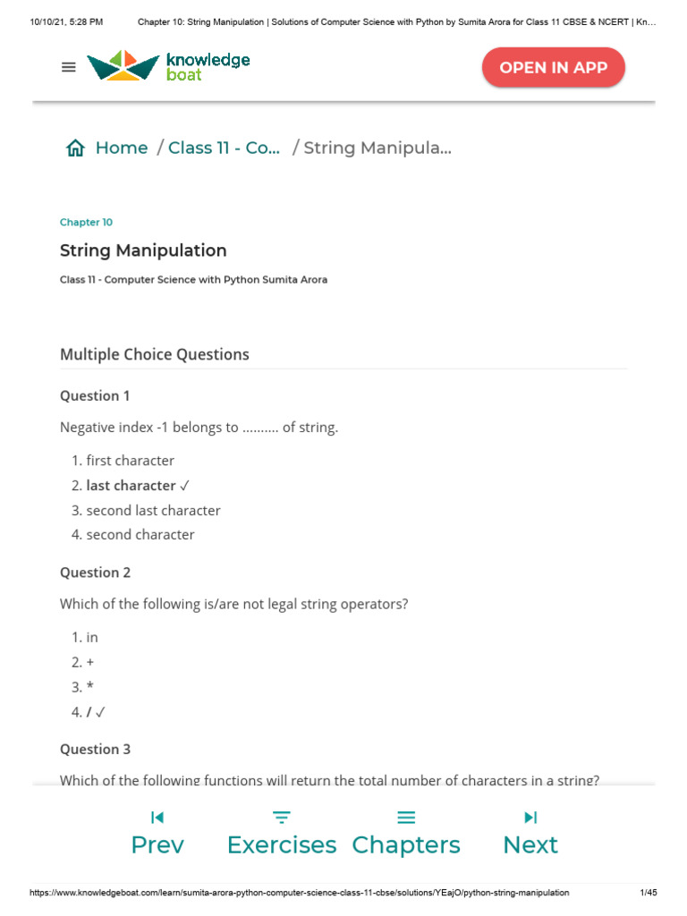 Class 11 Computer Science String Manipulation | PDF | String (Computer ...