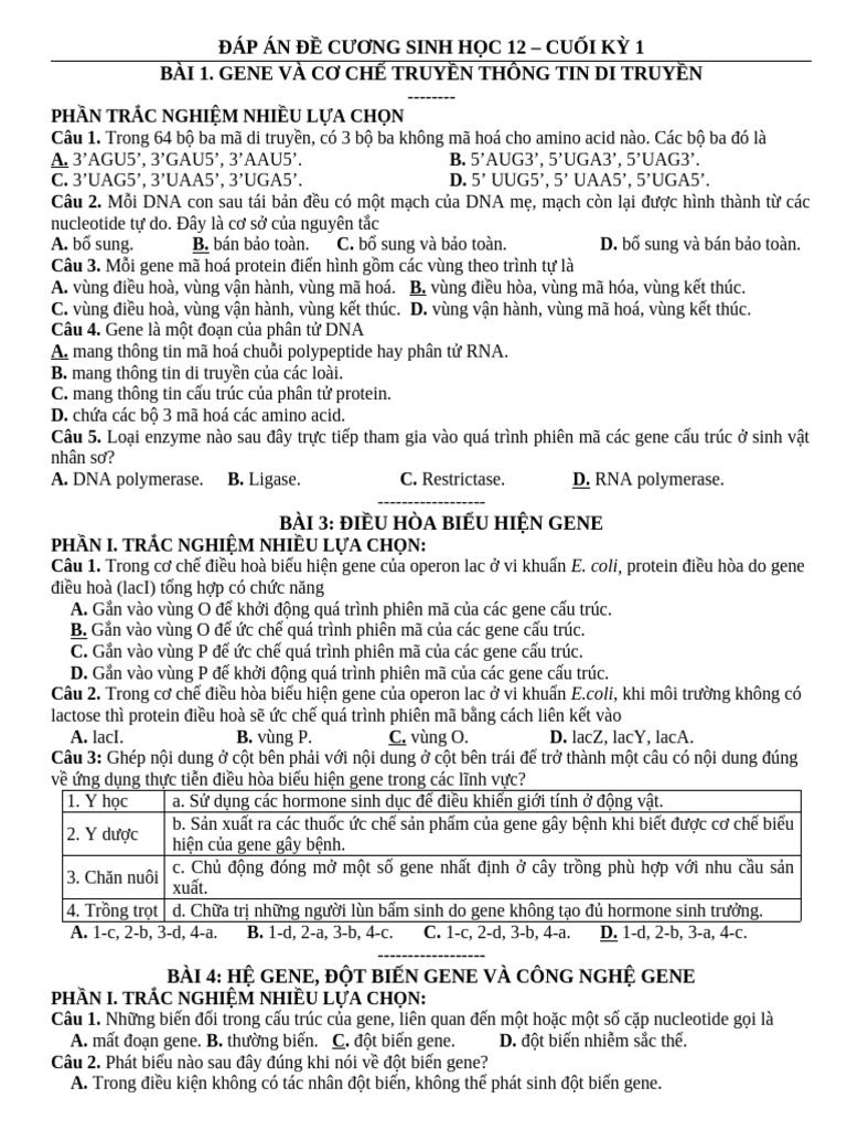 Dap An - de Cuong Sinh 12 - CK1 | PDF