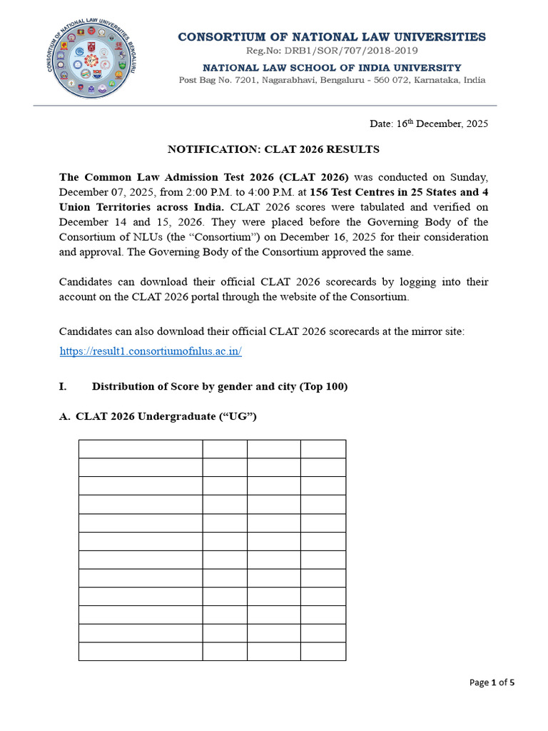 CLAT2026-Result-Notification | PDF | Educational Stages | Schools