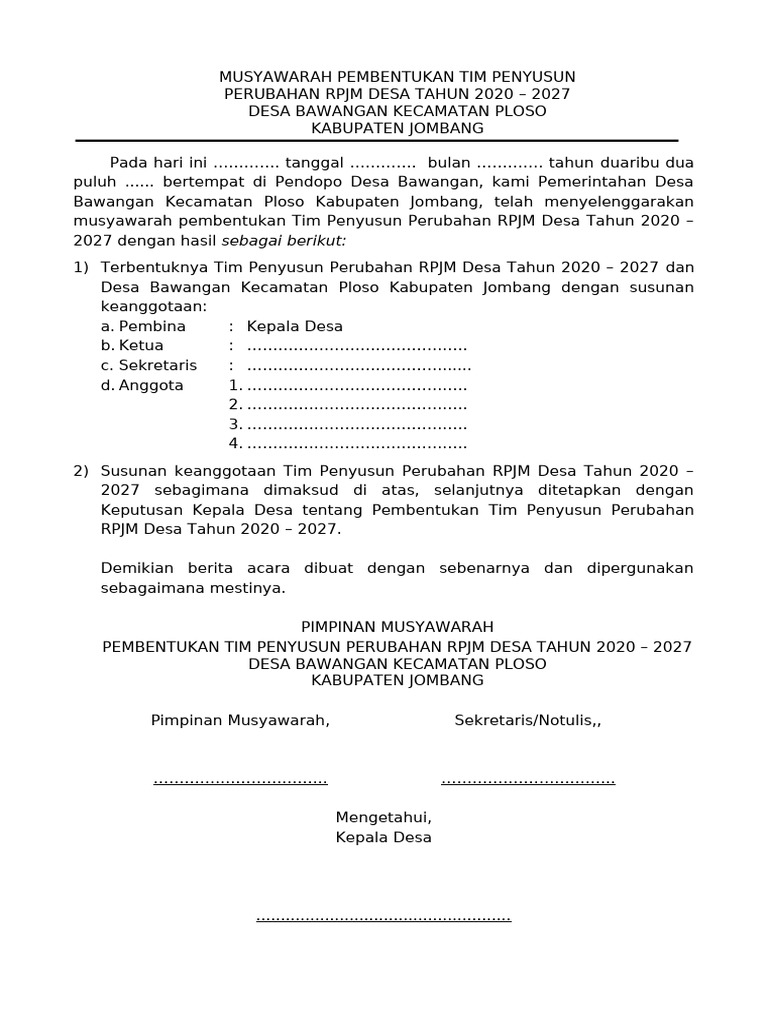 Pembentukan Tim RPJM Desa Bawangan | PDF