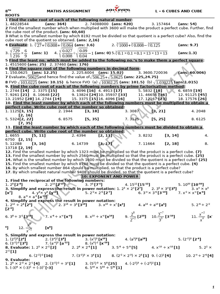 8th Maths CBSE Cubes Cube Root Power Indices | PDF | Square Root ...