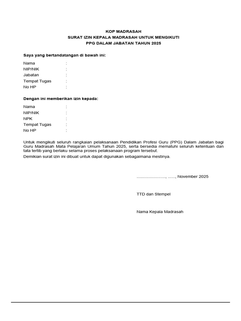 Contoh Format Izin Kepala Sekolah Untuk Mengikuti PPG Batch-IV | PDF