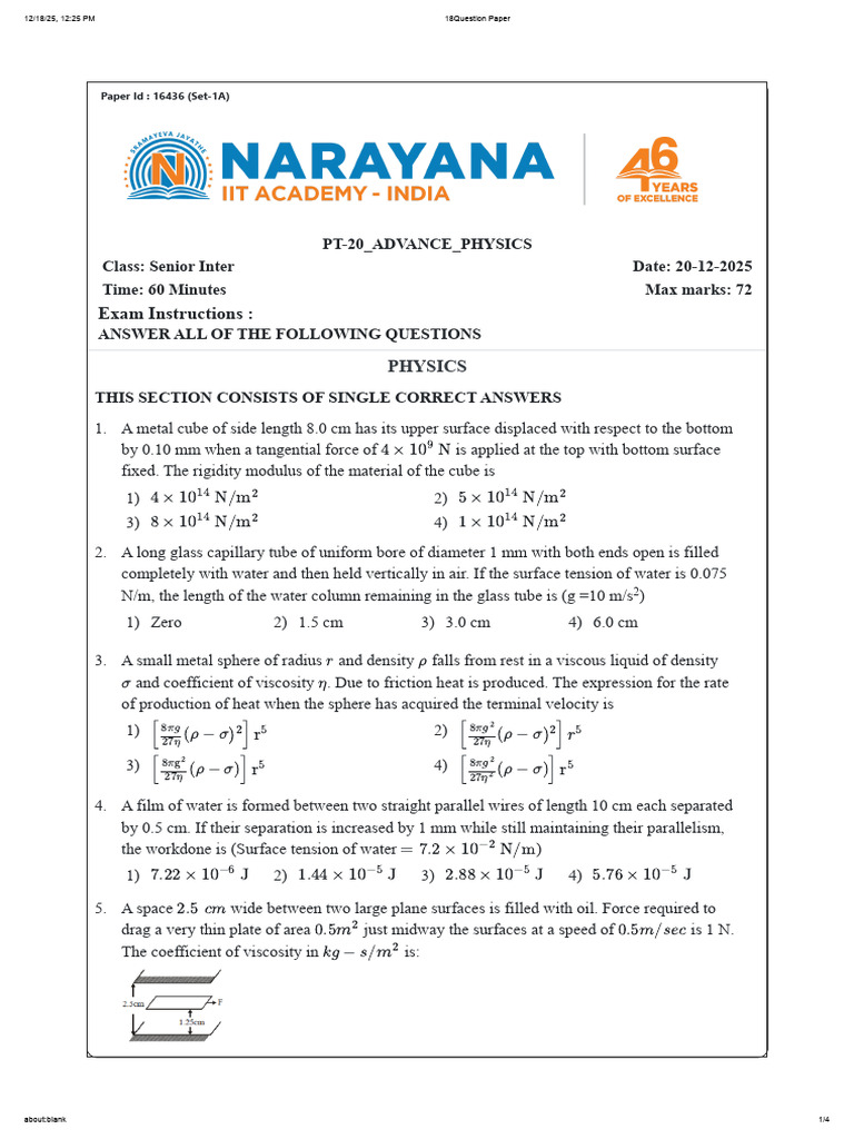 16436 Pt-20 Advance Physics.qp | PDF | Pressure | Viscosity