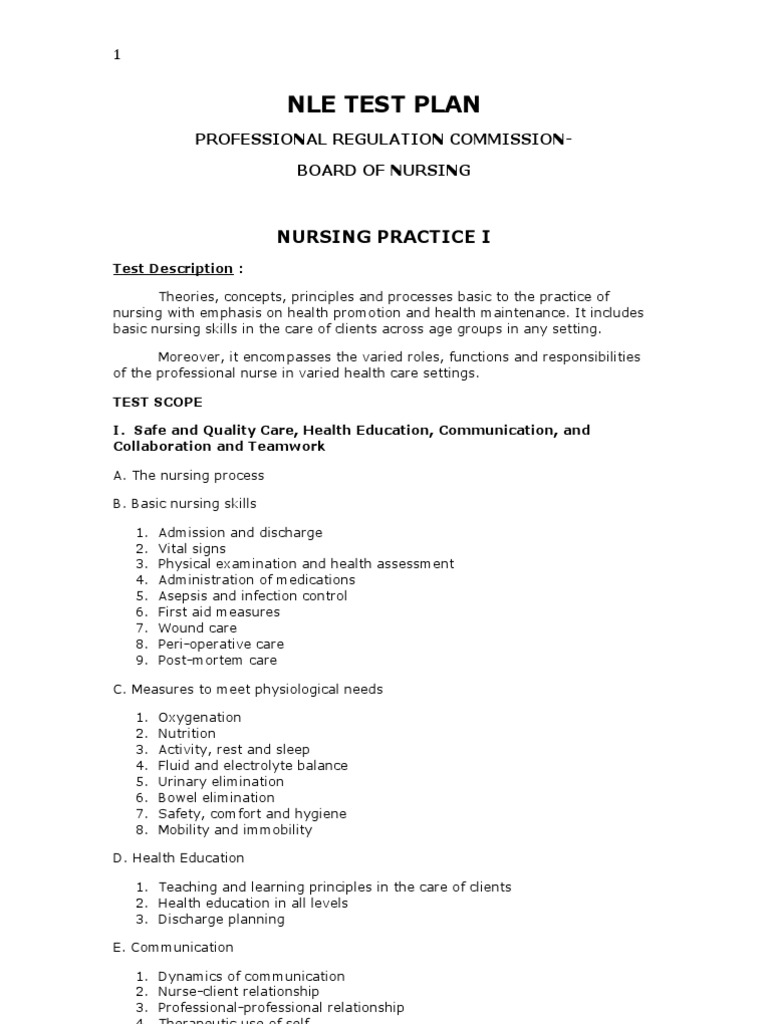 Nle Test Plan: Nursing Practice I | PDF