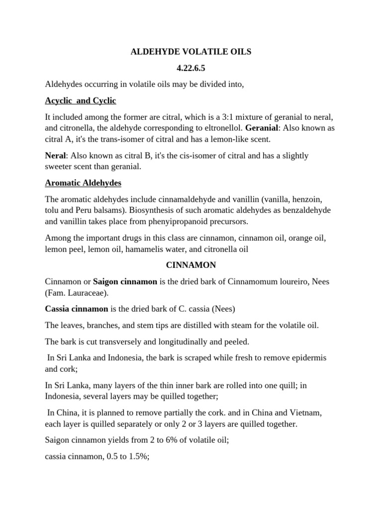ALDEHYDE VOLATILE OILS | PDF | Cinnamon | Lemon
