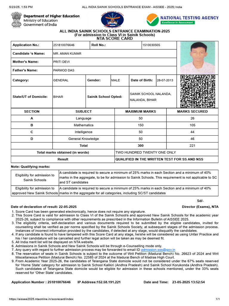 All India Sainik Schools Entrance Exam - Aissee - 2025 - India | PDF