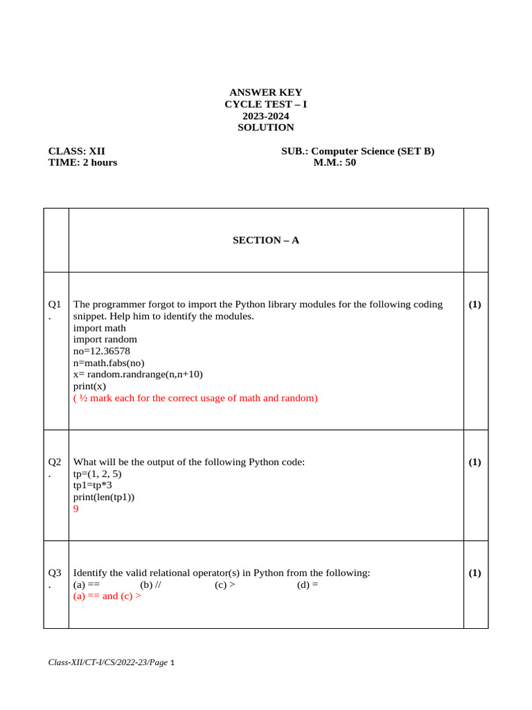 XII-Computer Sc (Set-B) Solution (T1C1) (July 2023) (Sohna Road) | PDF ...