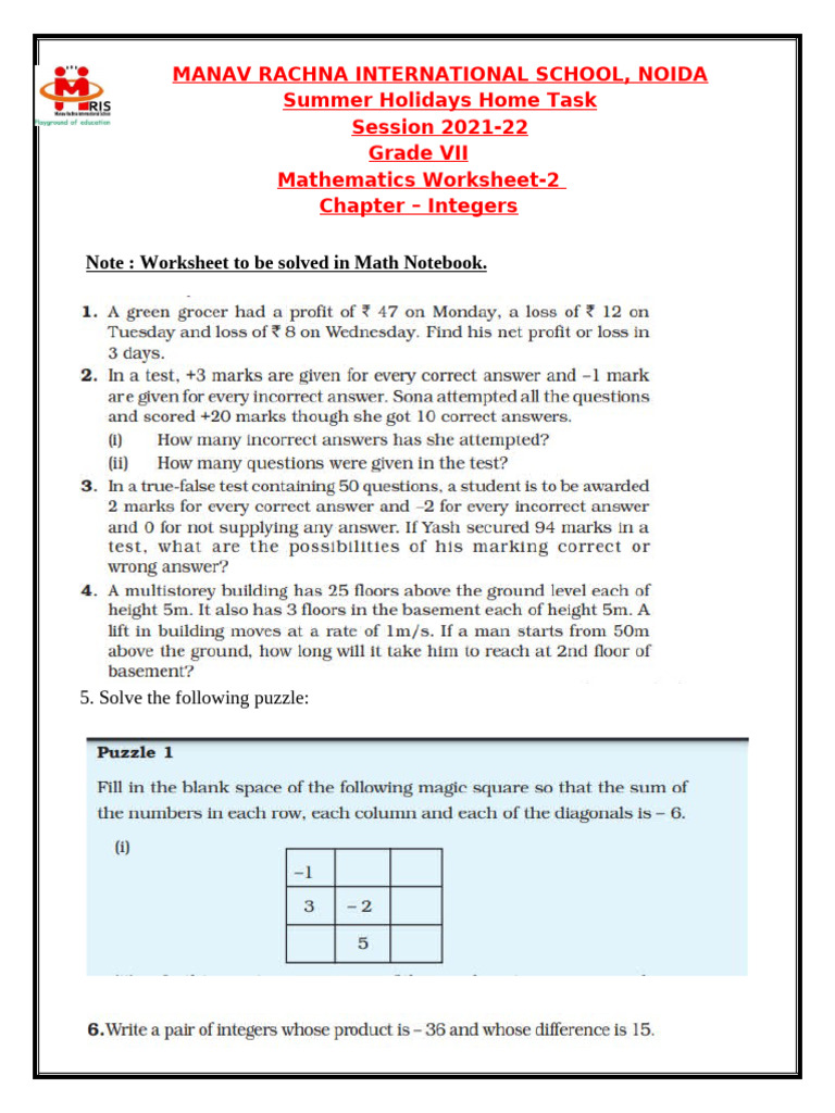 MathematicsHoliday Worksheet (3) Grade 7 | PDF