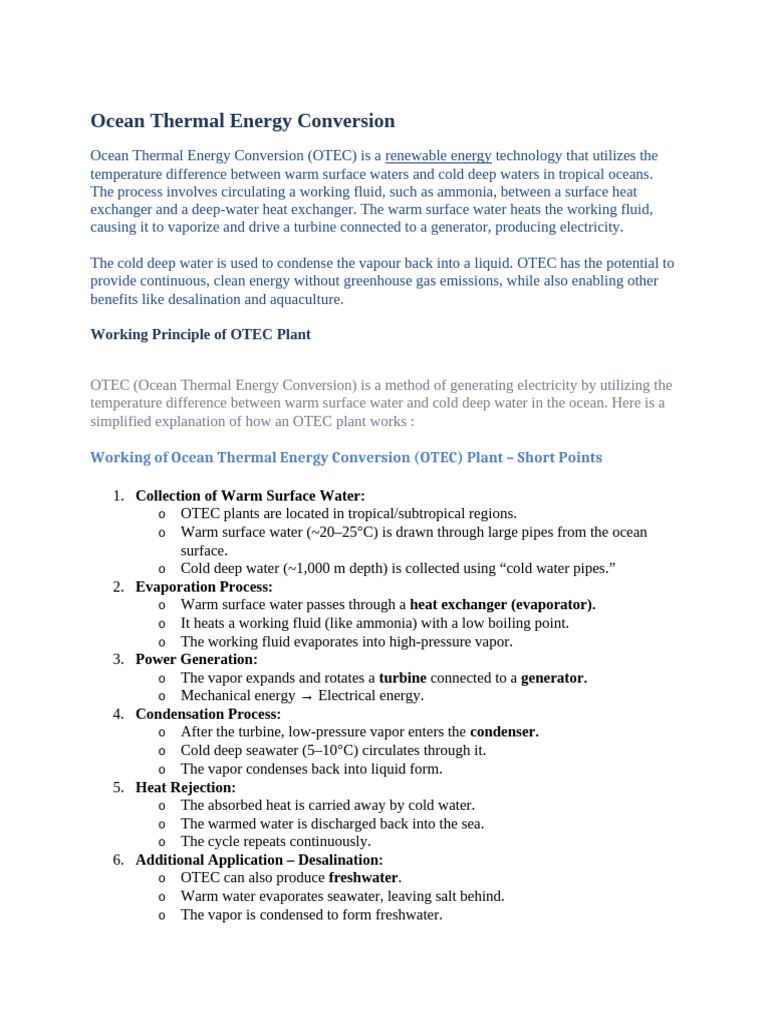 Ocean Thermal Energy Conversion Explained | PDF | Water | Desalination
