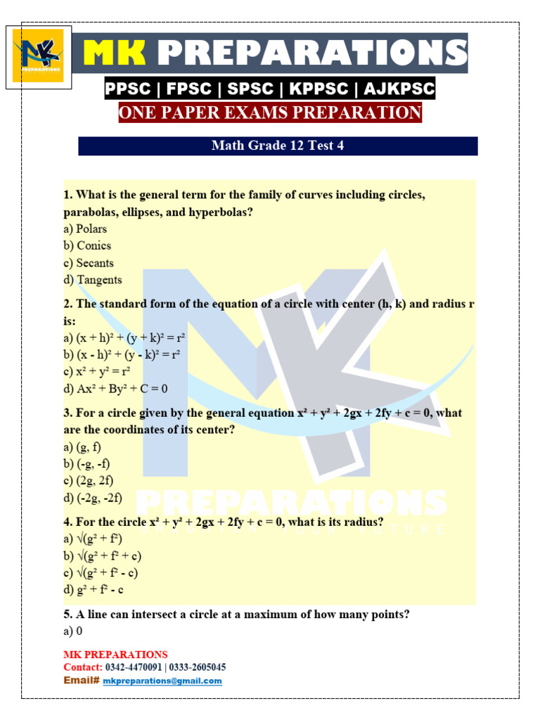 Math Grade 12 Test 4 | PDF | Circle | Ellipse