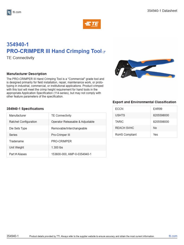 Tyco Eelectric Te Connectivity 354940 1 | PDF