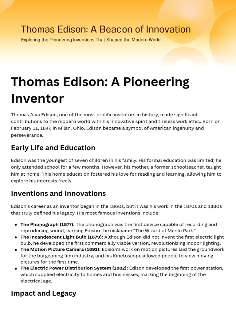 Thomas Edison: Innovations That Changed History | PDF | Thomas Edison ...
