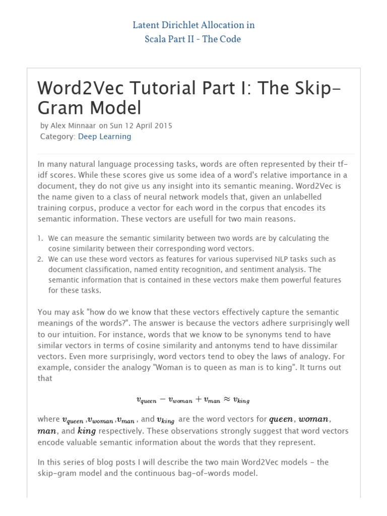 Alex Minnaar Word2Vec Tutorial Part I The Skip-Gram Model | PDF