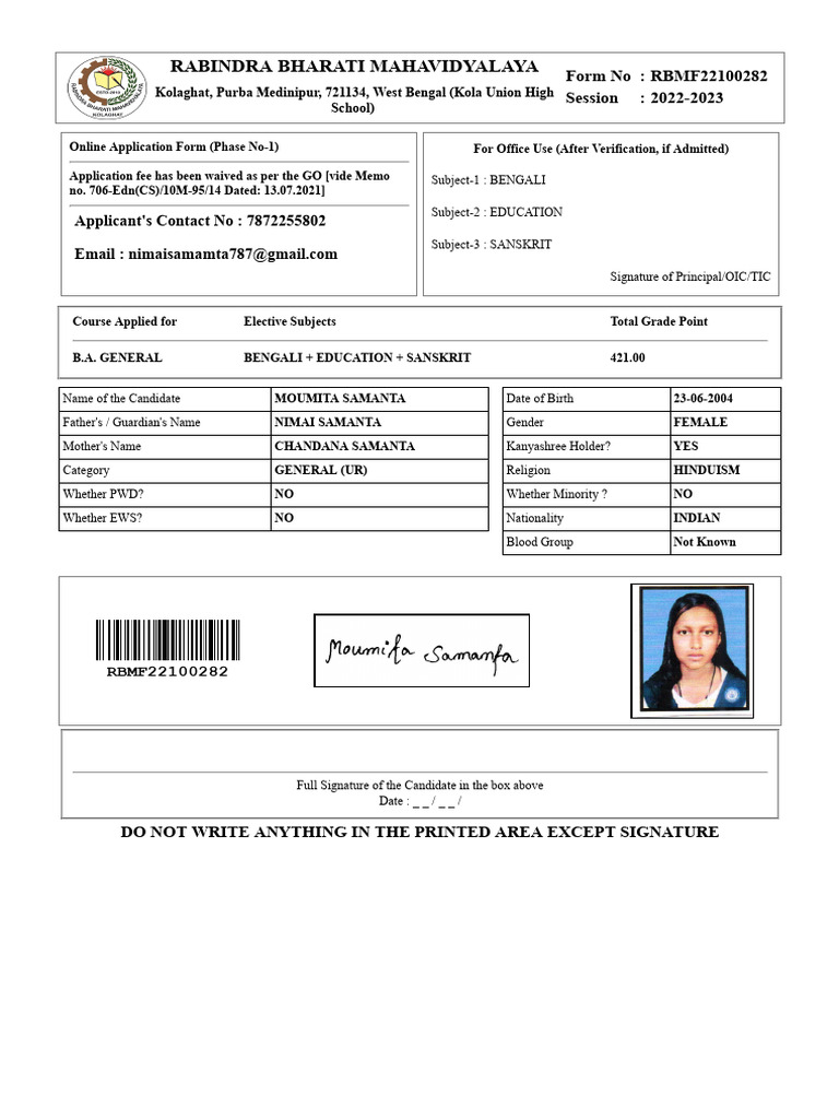 Rabindra Bharati Mahavidyalaya __ Online Application Form MOUMITA ...