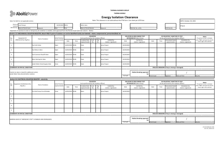 Energy Isolation Clearance Form | PDF