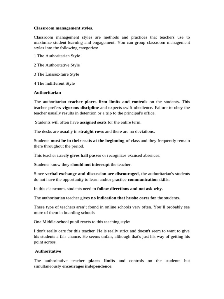 Classroom Management Styles Explained | PDF | Teachers | Classroom ...