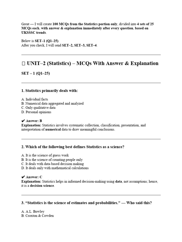 100 MCQs on Statistics with Answers | PDF | Mean | Coefficient Of Variation