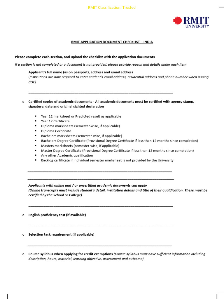 RMIT Application Document Checklist - India 2023 | PDF