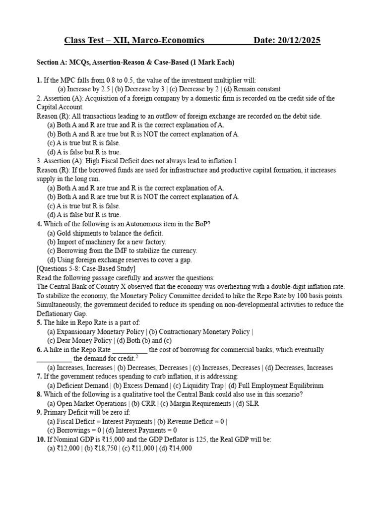 Class Test XII Marco 20-12-25 | PDF | Government Budget Balance ...