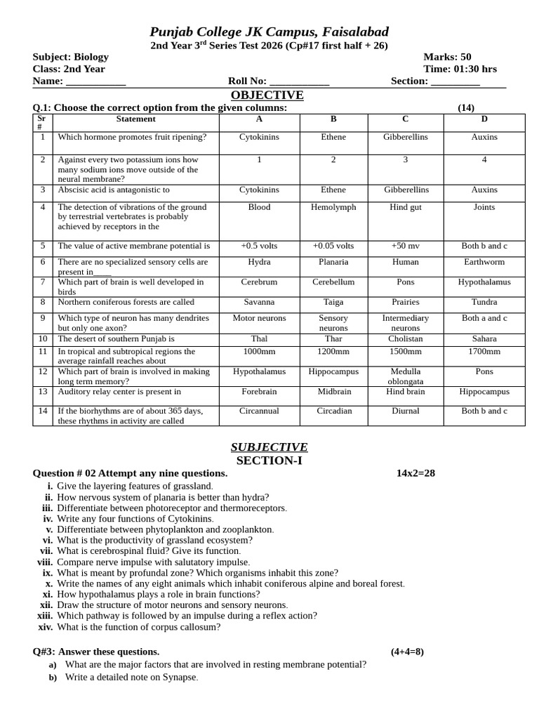 Biology Test Paper 2nd Year 2026 | PDF | Brain | Neuron
