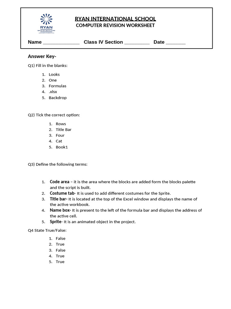 Computer Revision Worksheet for Class IV | PDF