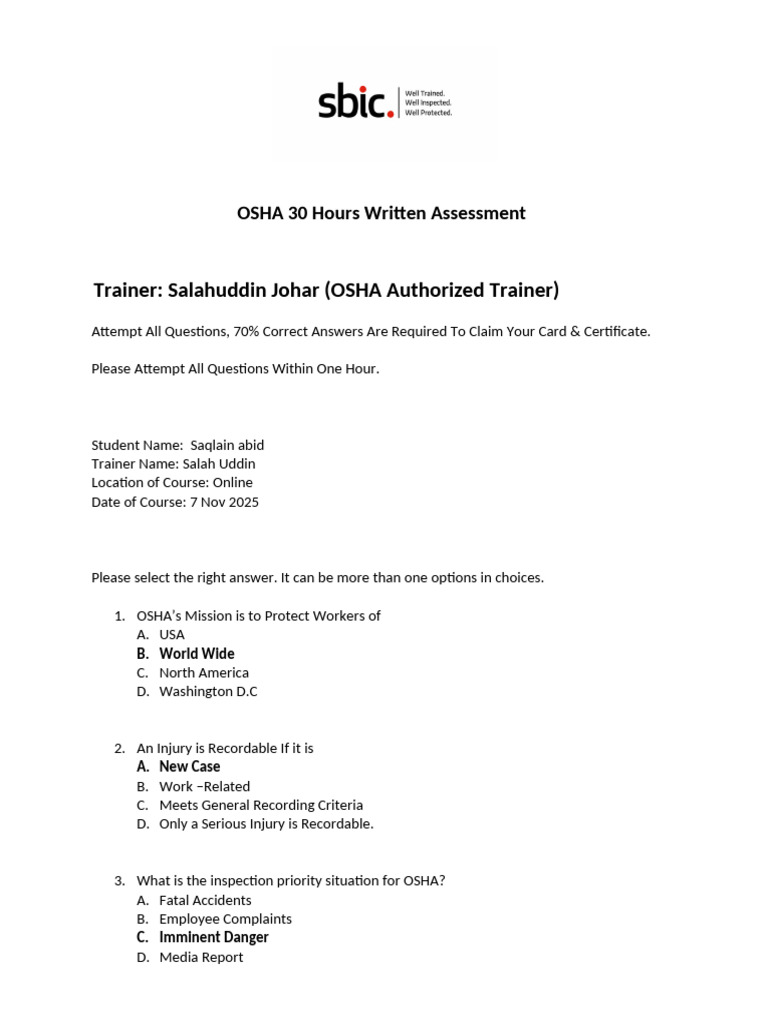 OSHA 30 Hours Written Assessment - Docx2 | PDF | Stairs | Occupational ...