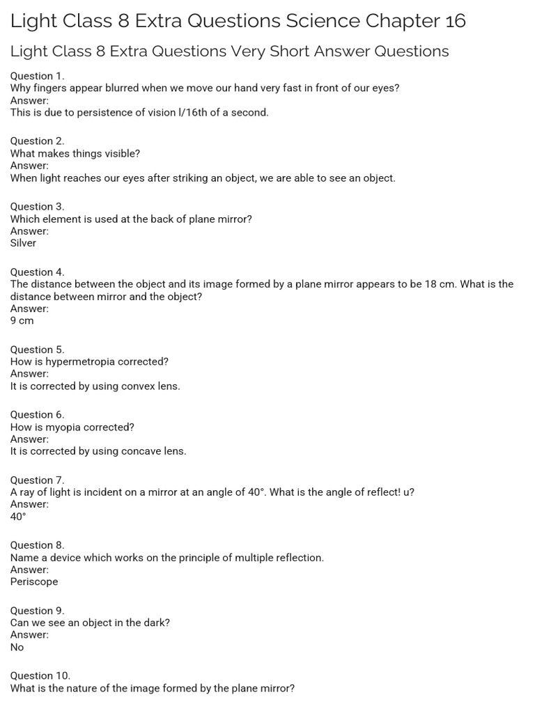 Light Class 8 Extra Questions Science Chapter 16 | PDF | Eye | Mirror
