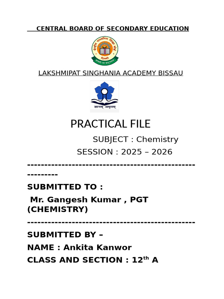 Practical File: SUBJECT: Chemistry SESSION: 2025 - 2026 | PDF