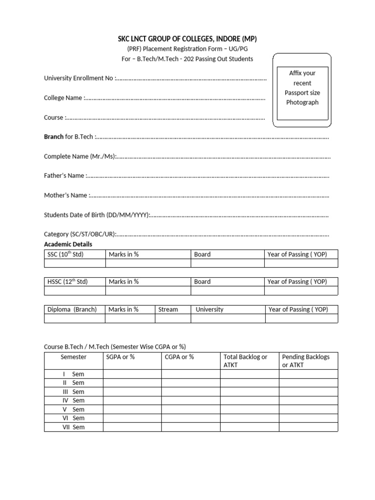 Placement Registration Form-(PRF) Form | PDF