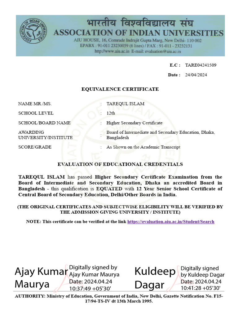 Tarequl - Equivalence - Certificate - 49882 - 24 04 2024 10 57 04 | PDF
