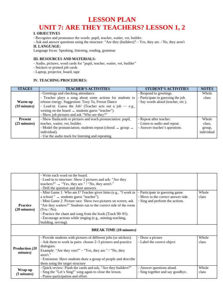 Teaching Jobs: Lesson Plan for Kids | PDF