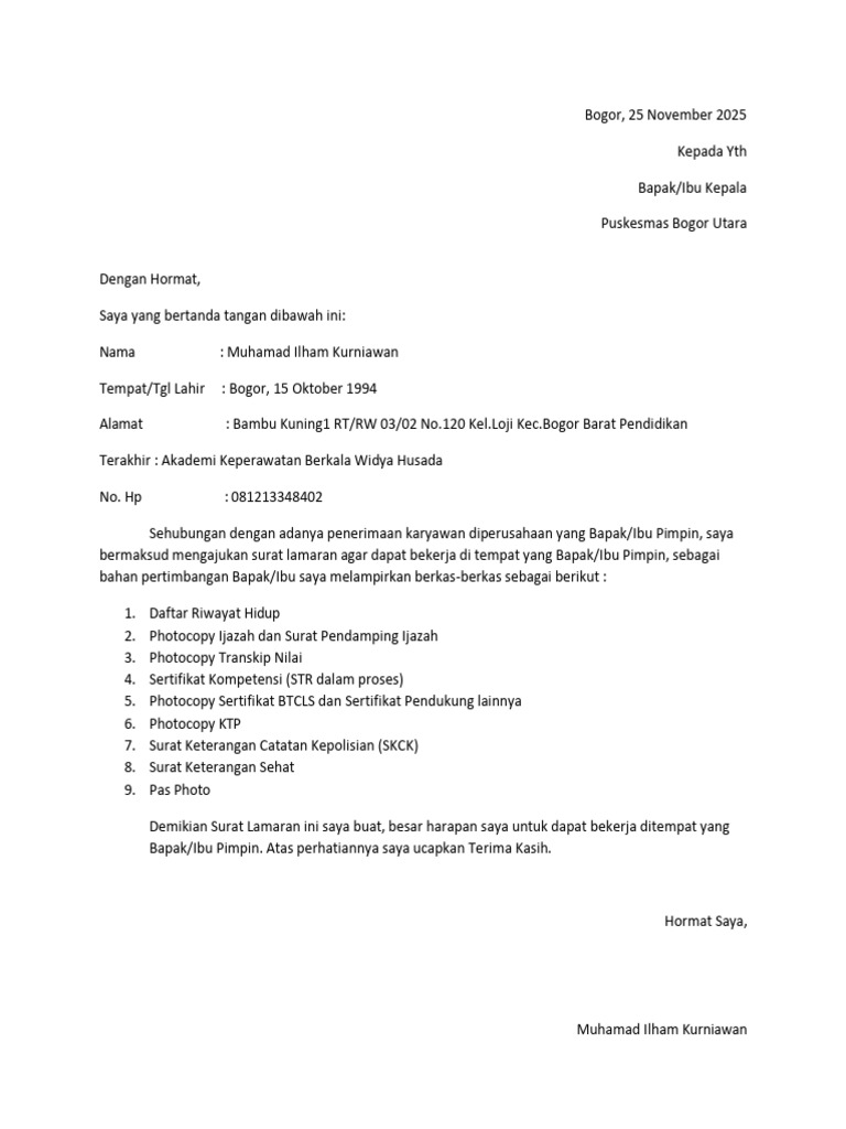 Surat Lamaran Muhamad Ilham Kurniawan | PDF