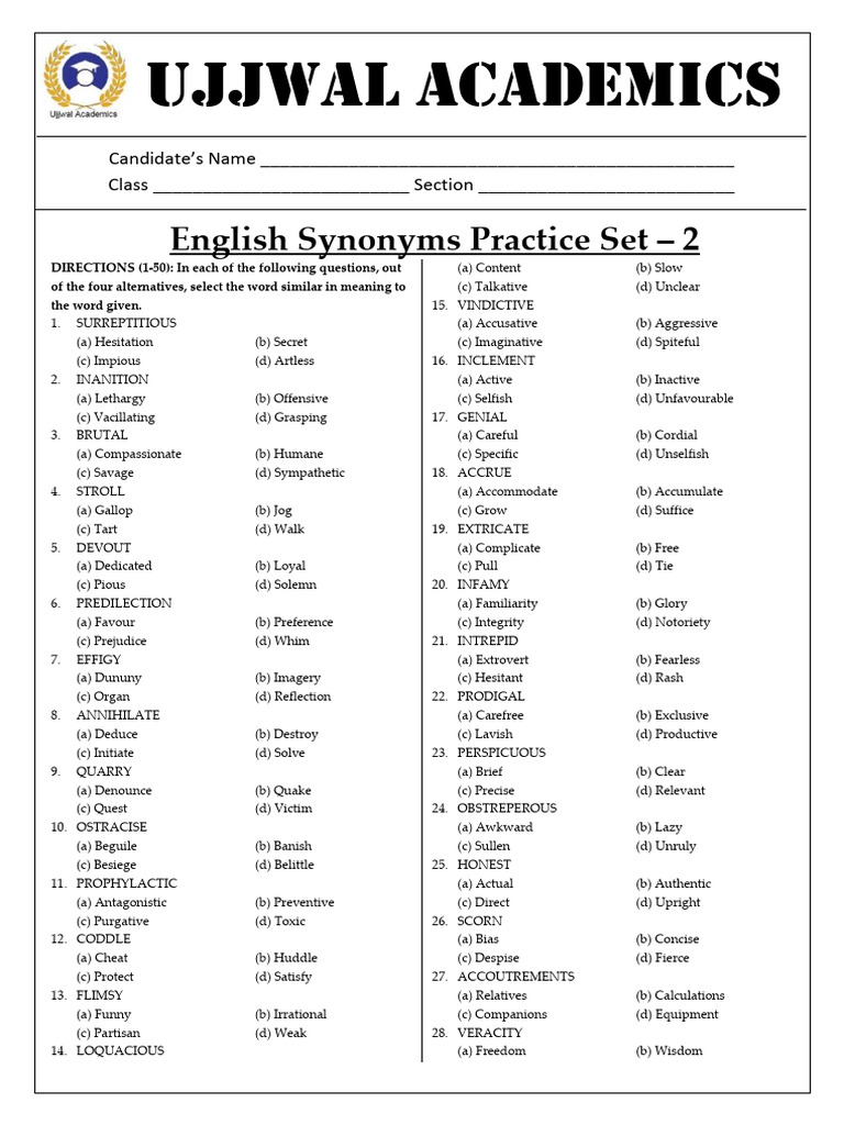 English Synonyms Practice Set - 2 | PDF