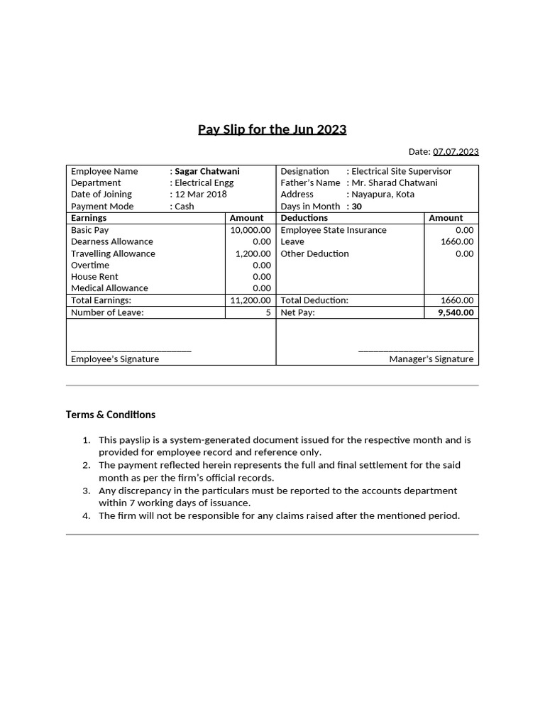 June 2023 Pay Slip for Sagar Chatwani | PDF