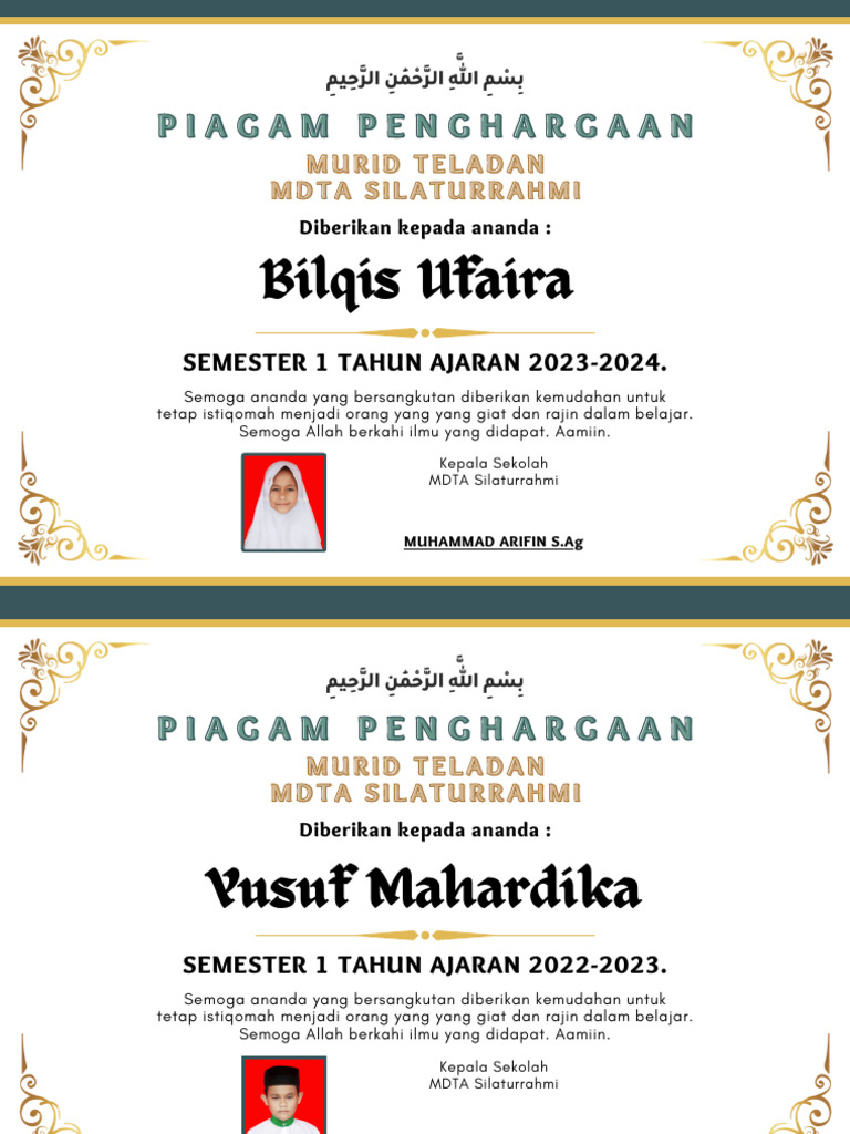 Sertifikat Murid Teladan | PDF