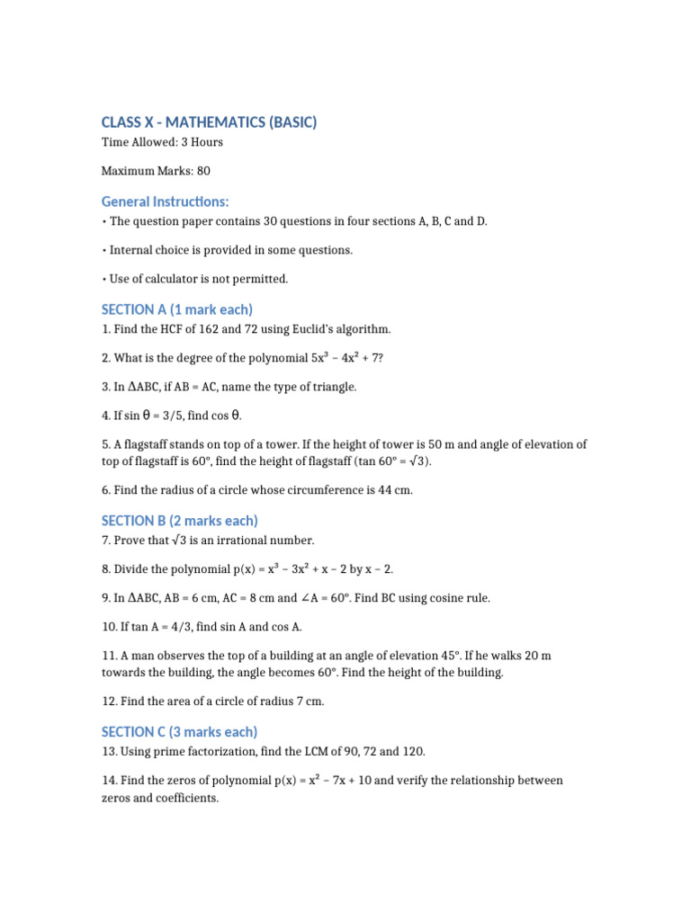 Class10 Maths Question Paper | PDF