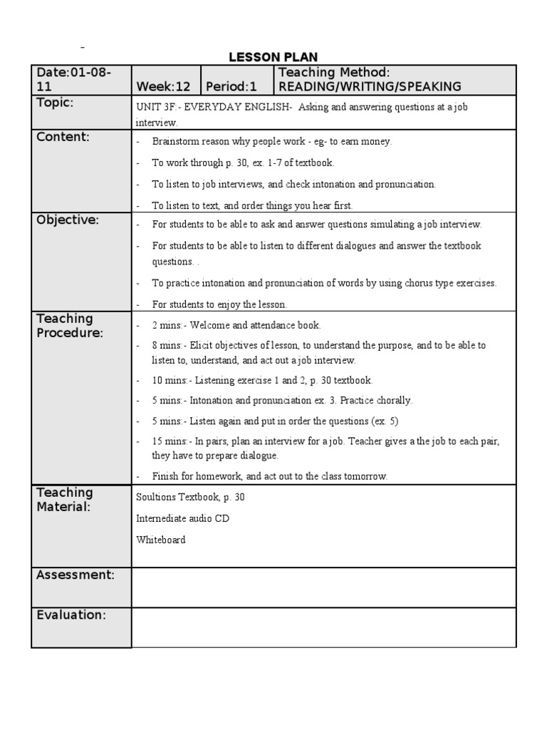 Solutions Intermediate Lesson Plan 1 | PDF | Language Arts & Discipline
