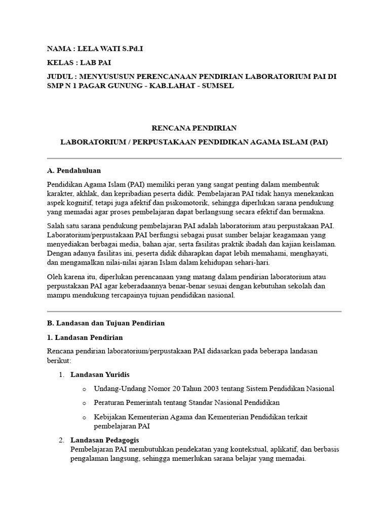 Rencana Pendirian Laboratorium PAI SMP | PDF
