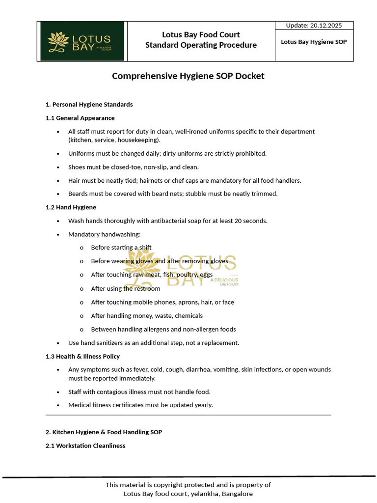 Lotus Bay Hygiene Sop | PDF | Hygiene