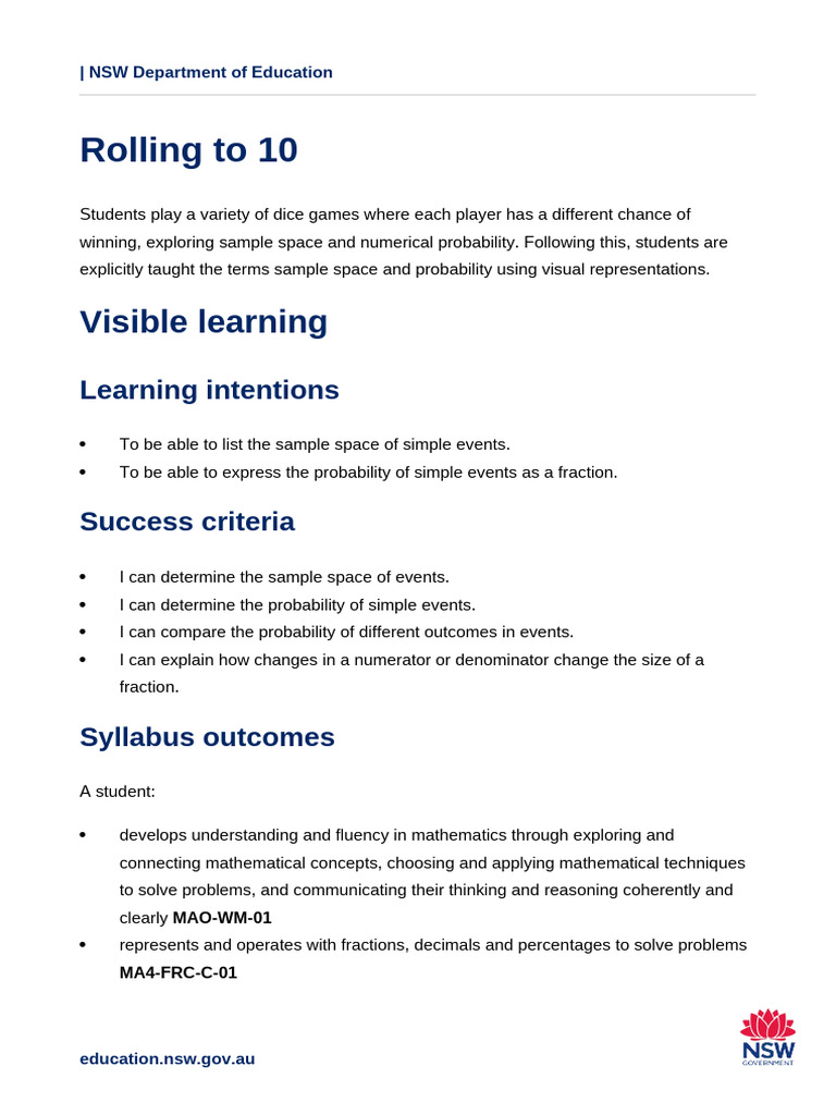 mathematics-s4-unit-1-lesson-03-rolling-to-10 | PDF | Probability ...