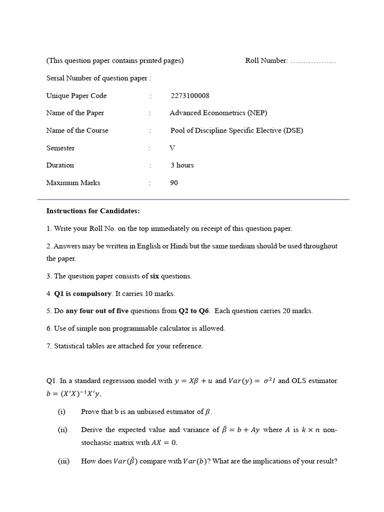 Advanced Econometrics Question Paper | PDF | Linear Regression ...