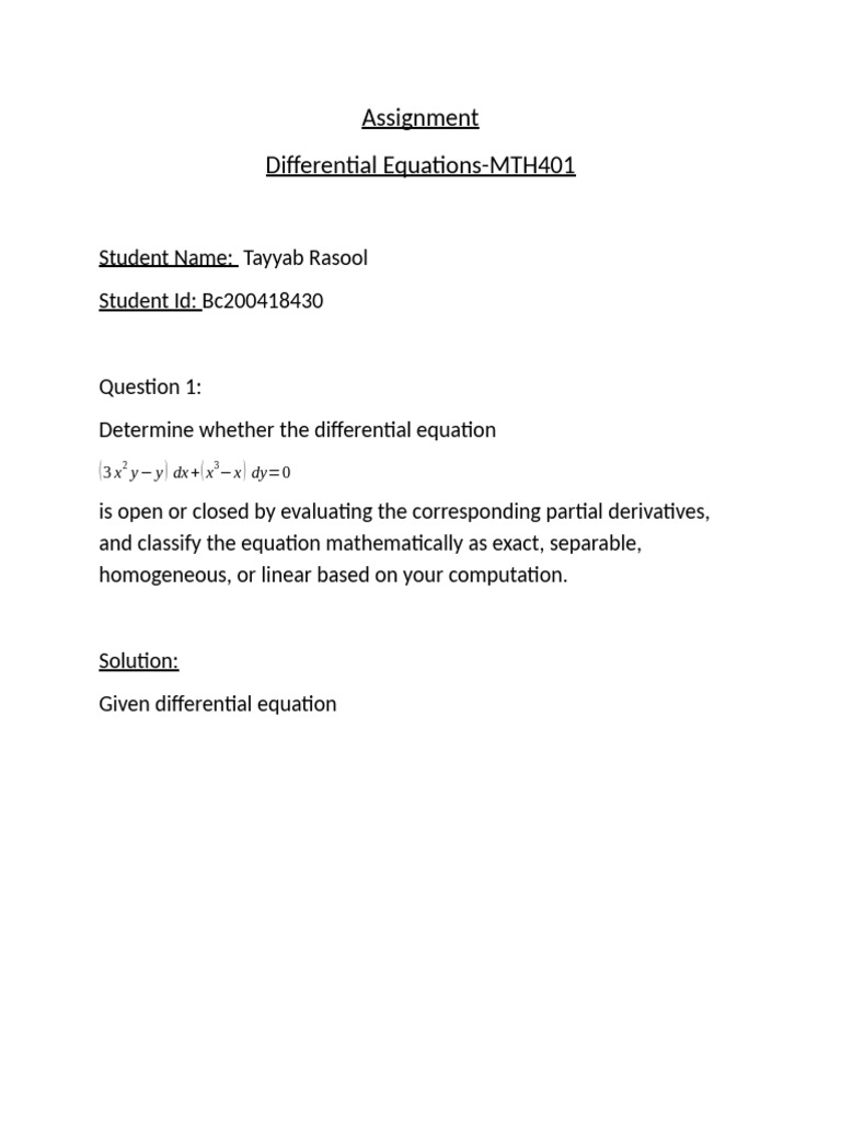 MTH401 Assignment No. 1 Solution | PDF