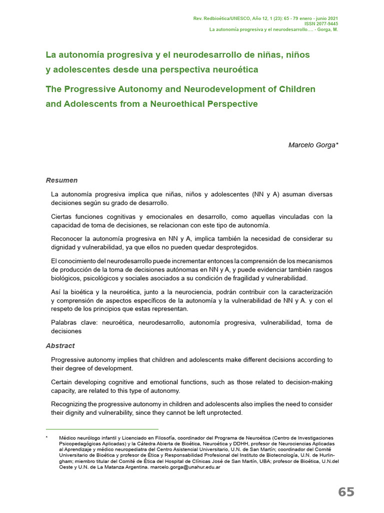 Autonomía Progresiva. Revista Bioetica 23, Pp. 65-79 | PDF | Las ...