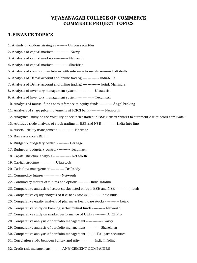 Commerce Project Topics at Vijayanagar College | PDF | Investing ...