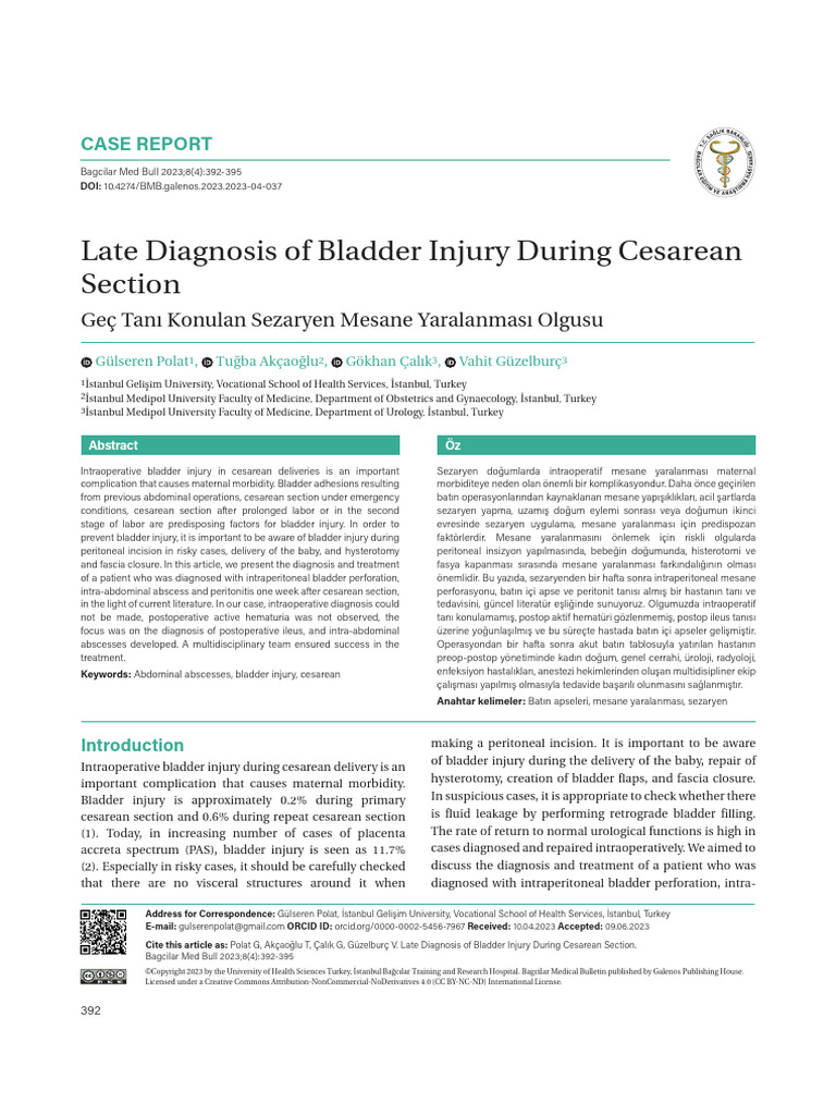 Late Diagnosis of Bladder Injury During Cesarean Section | PDF ...