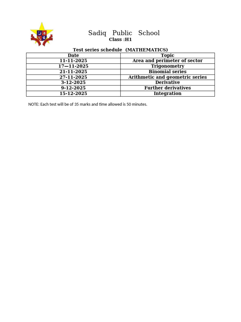 Sadiq School Mathematics Test Schedule | PDF