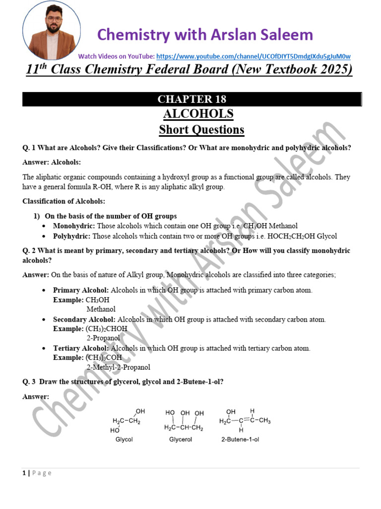 11th Class Chemistry: Alcohols Explained | PDF | Ester | Aldehyde