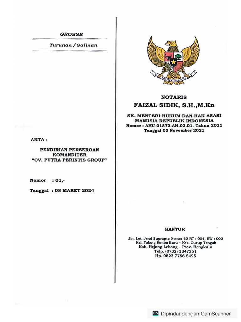 PDF Akta Notaris Cv. Putra Perintis Grup | PDF